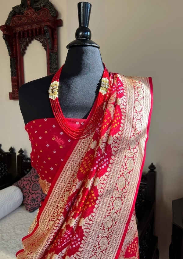 Red Bandhani Saree with Golden Border – Festive Wear | Indian Ethnics ...