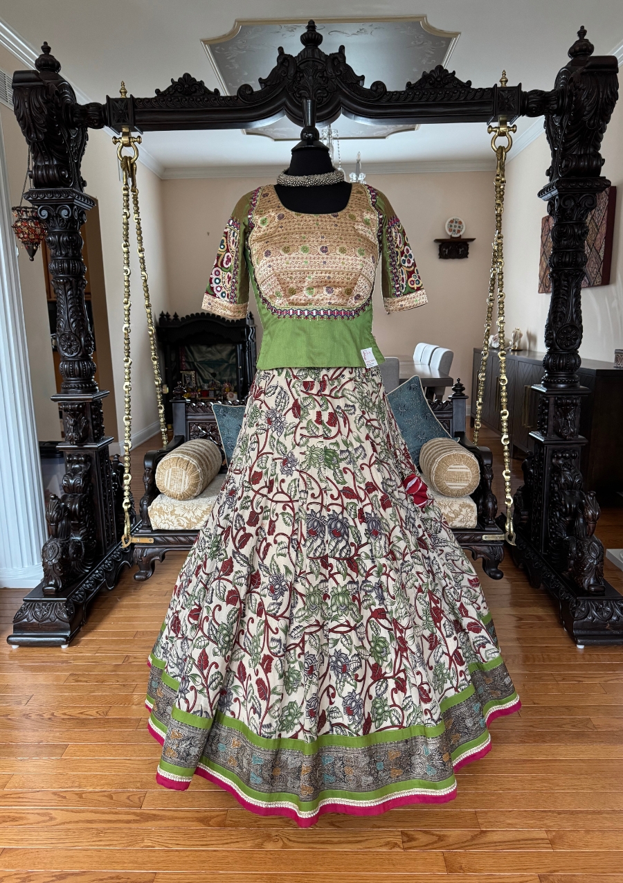 White Kalamkari Banarasi Lehenga – Indian Ethnics | Indian Ethnics by ...